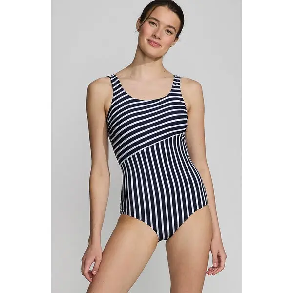 LANDS' END Tugless Low Leg One-piece Swimsuit - Deep Sea/white Media Stripe