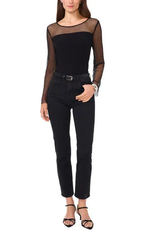 Vince Camuto Rhinestone Fishnet Long Sleeve Top