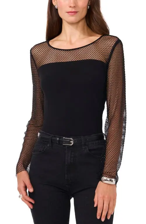 Vince Camuto Rhinestone Fishnet Long Sleeve Top - Rich Black