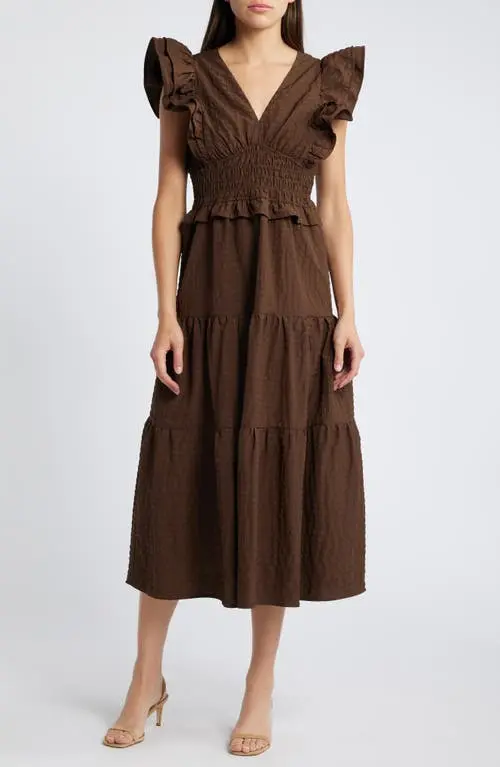 Moon River Ruffle Trim Midi Dress In Brown - 60% Off | Editorialist