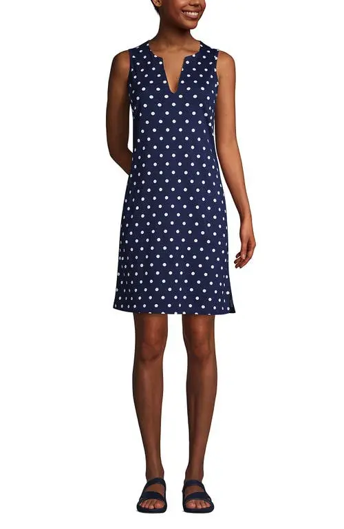 LANDS' END Long Cotton Jersey Sleeveless Swim Cover-up Dress Print - Deep Sea Polka Dot
