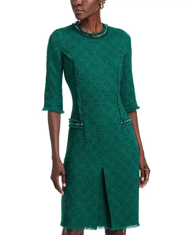 Rickie Freeman For Teri Jon Fringe Trim Boucle Dress - Emerald