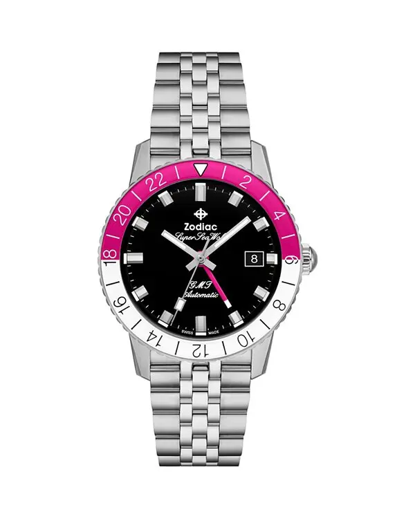 ZODIAC Gmt Automatic 37mm Stainless Steel Bracelet Watch - Black/black