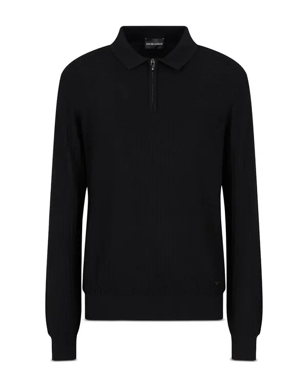 Emporio Armani Wool Diamond Jacquard Quarter Zip Polo Sweater