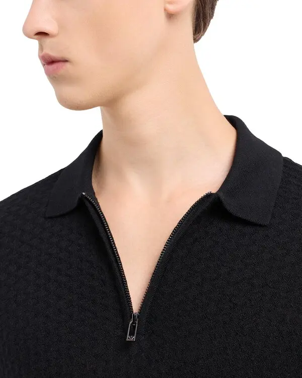 Emporio Armani Wool Diamond Jacquard Quarter Zip Polo Sweater