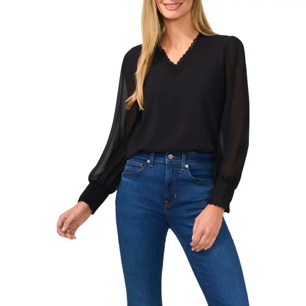 CECE DUPRAZ Scallop Detail Georgette Top - Rich Black