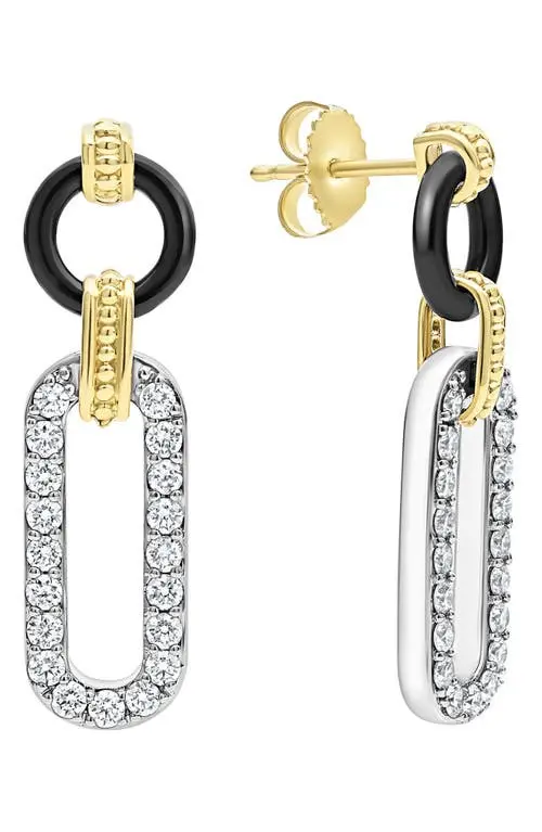 Lagos Signature Caviar Ceramic & Diamond Link Drop Earrings - Black
