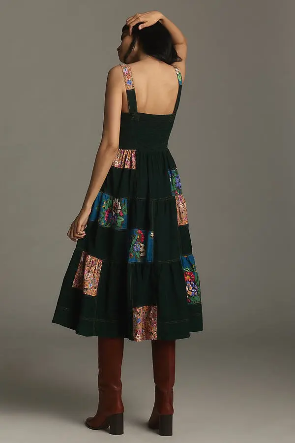 Maeve Patchwork Corduroy Midi Dress In Green - 43% Off | Editorialist