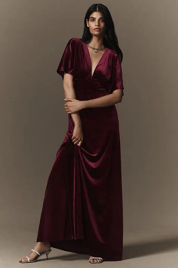 Bhldn Amelia Deep-v Stretch Velvet Maxi Dress - Berry