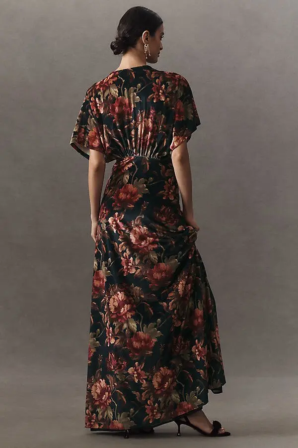 Bhldn Amelia Deep-v Stretch Velvet Maxi Dress - Black Pattern