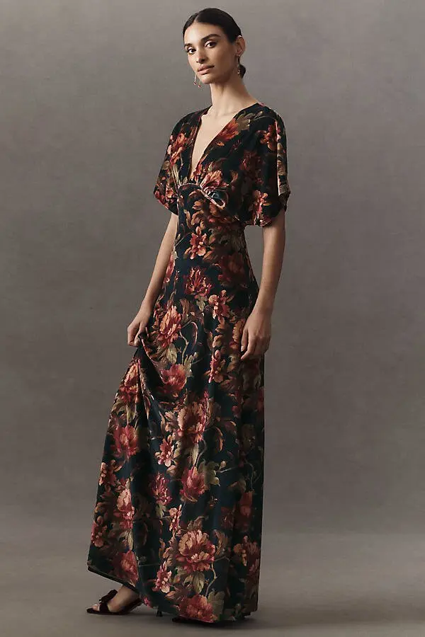 Bhldn Amelia Deep-v Stretch Velvet Maxi Dress - Black Pattern