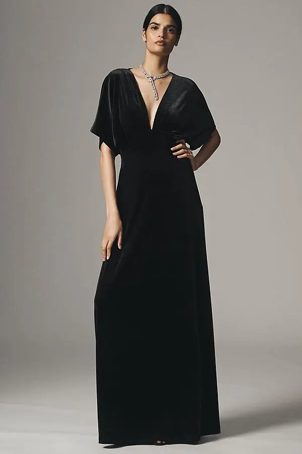 Bhldn Amelia Deep-v Stretch Velvet Maxi Dress - Black