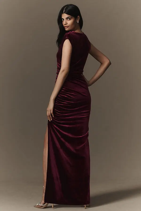 Bhldn Francesca High-neck Stretch Velvet Maxi Dress - Berry
