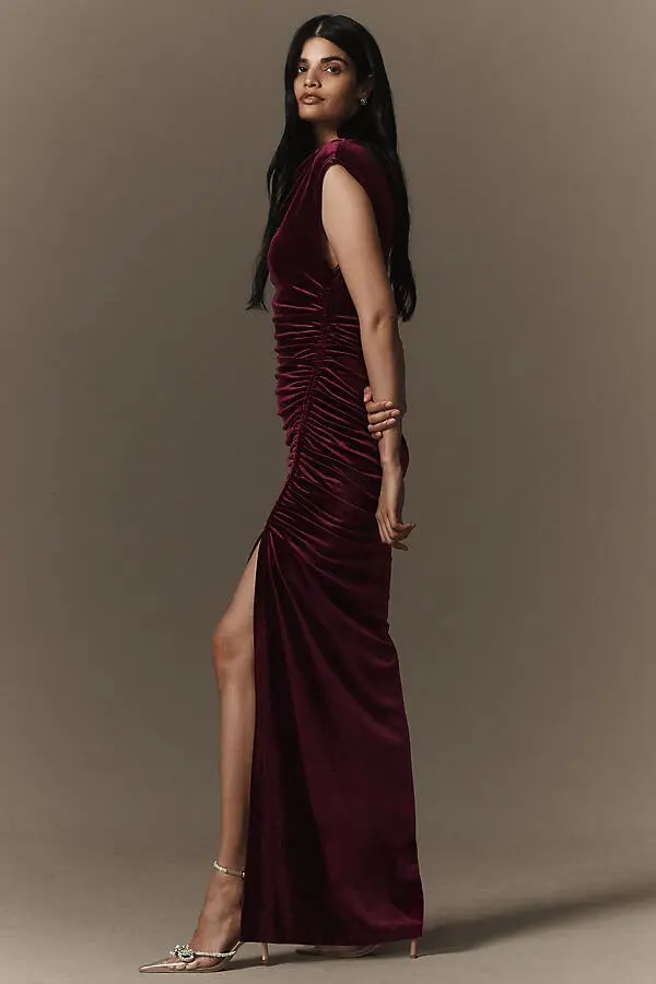 Bhldn Francesca High-neck Stretch Velvet Maxi Dress - Berry