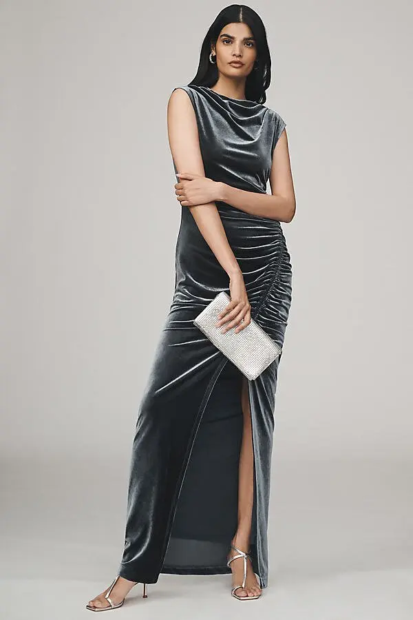 Bhldn Francesca High-Neck Stretch Velvet Maxi Dress In Grey - 32% Off |  Editorialist