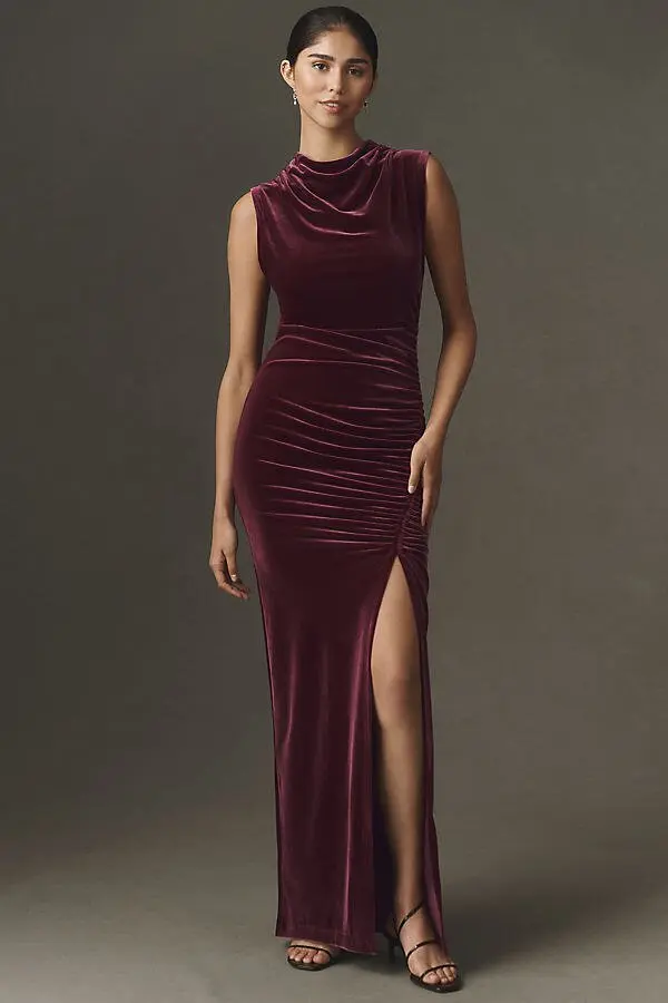 Bhldn Francesca High-neck Stretch Velvet Maxi Dress - Wine Tasting