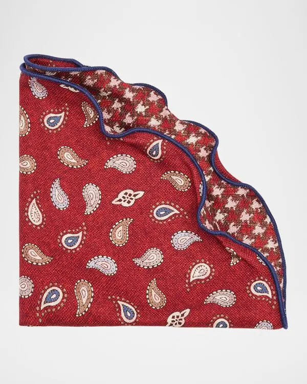 EDWARD ARMAH Apos;s Silk Reversible Houndstooth And Paisley Pocket Round - Red