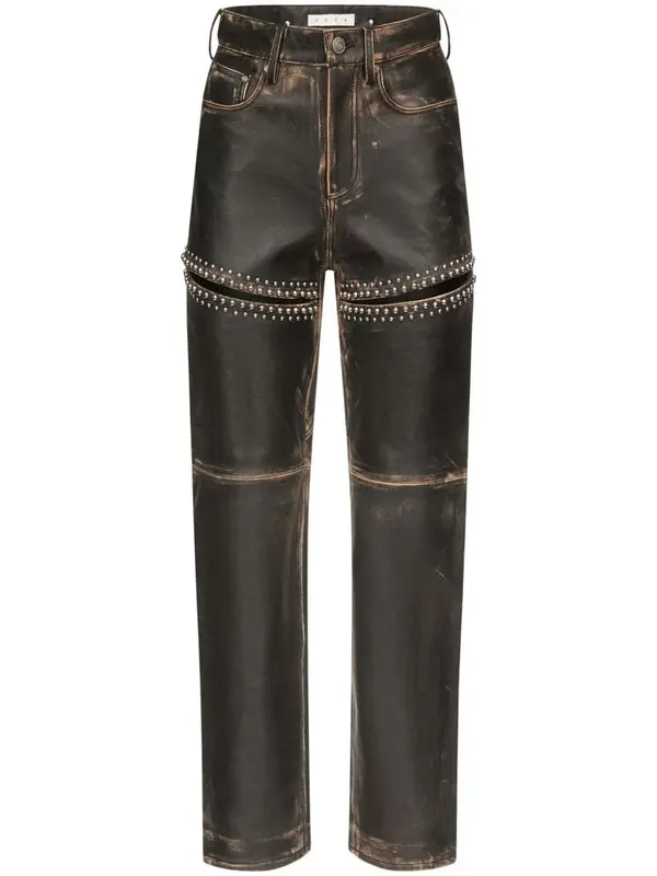 AREA Studded Leather Slit Jeans - Black