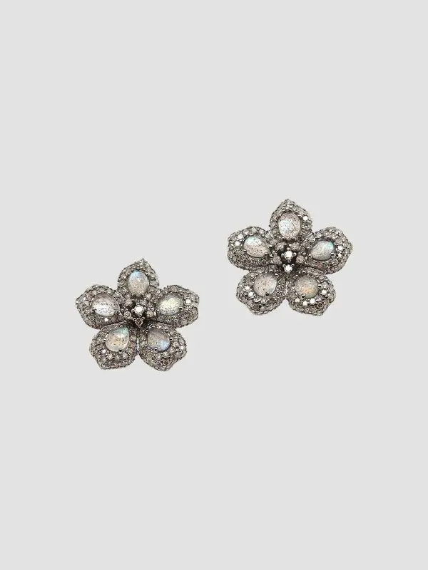 Nina Gilin Black Rhodium-plated, Labradorite & Flower Cluster Stud Earrings - Diamond