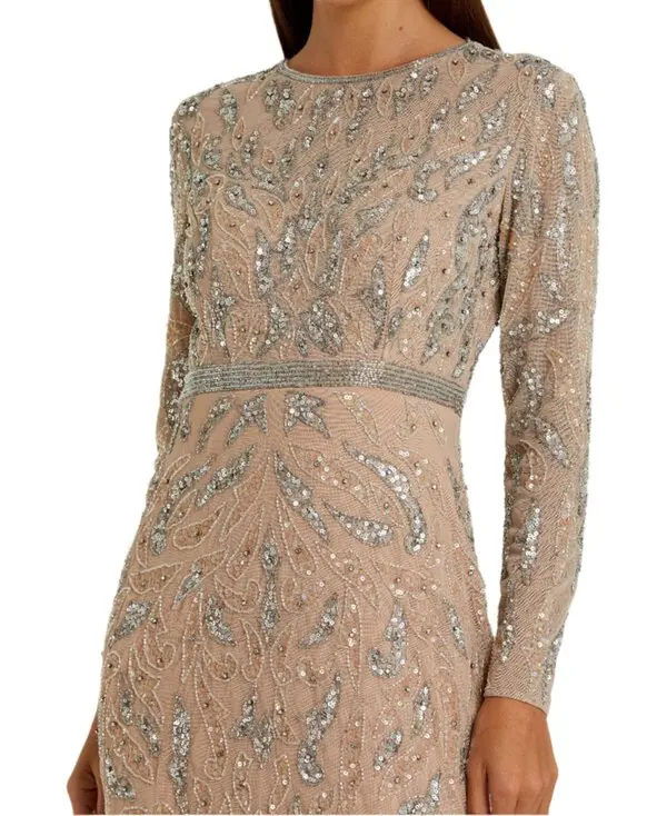 Mac Duggal Beaded Long Sleeve Evening Gown - Mocha