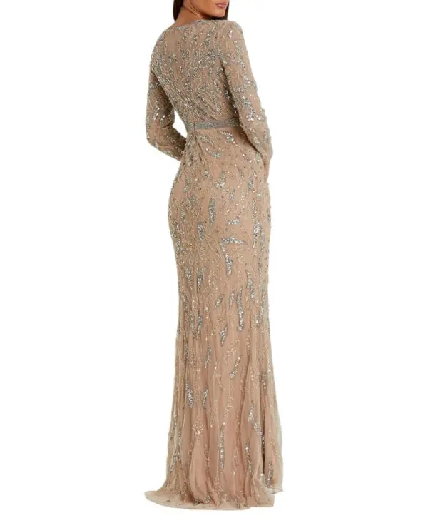 Mac Duggal Beaded Long Sleeve Evening Gown - Mocha
