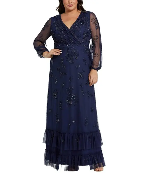Mac Duggal Plus Puff Sleeve V-neck Tiered Embellished Gown - Midnight