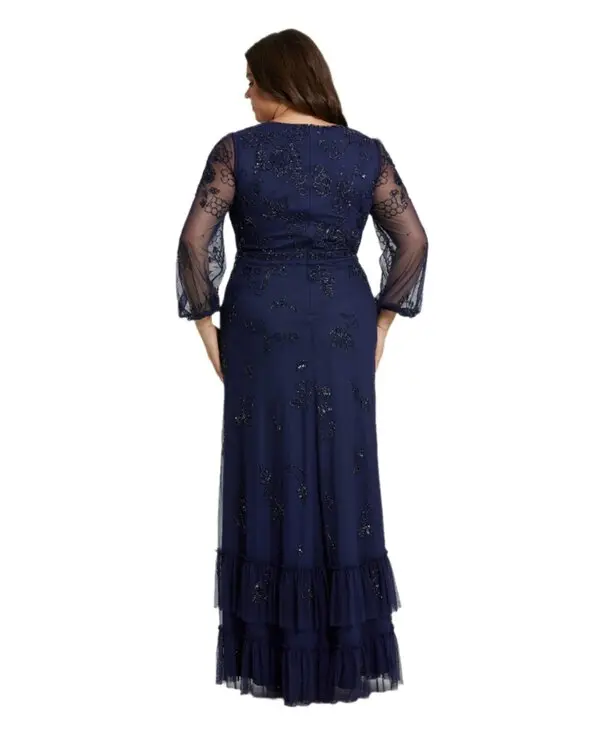 Mac Duggal Plus Puff Sleeve V-neck Tiered Embellished Gown - Midnight