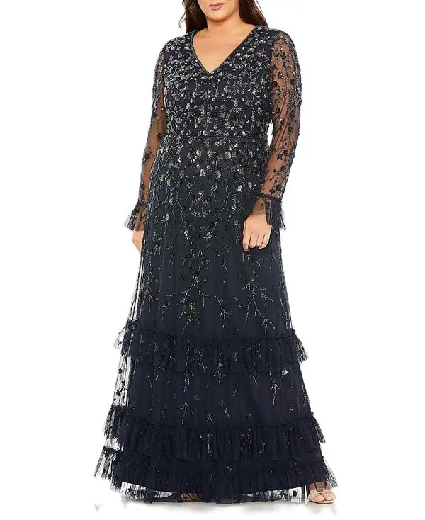 Mac Duggal Plus V-neck Embellished Gown With Long Flutter Sleeves