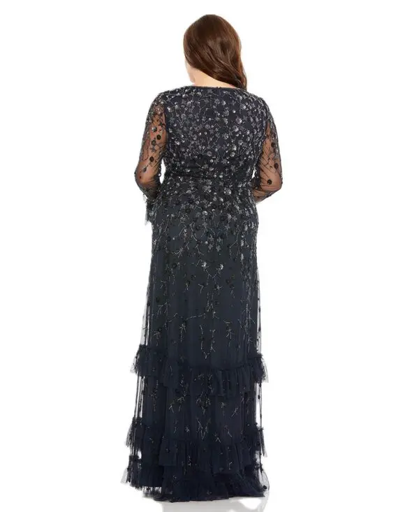 Mac Duggal Plus V-neck Embellished Gown With Long Flutter Sleeves