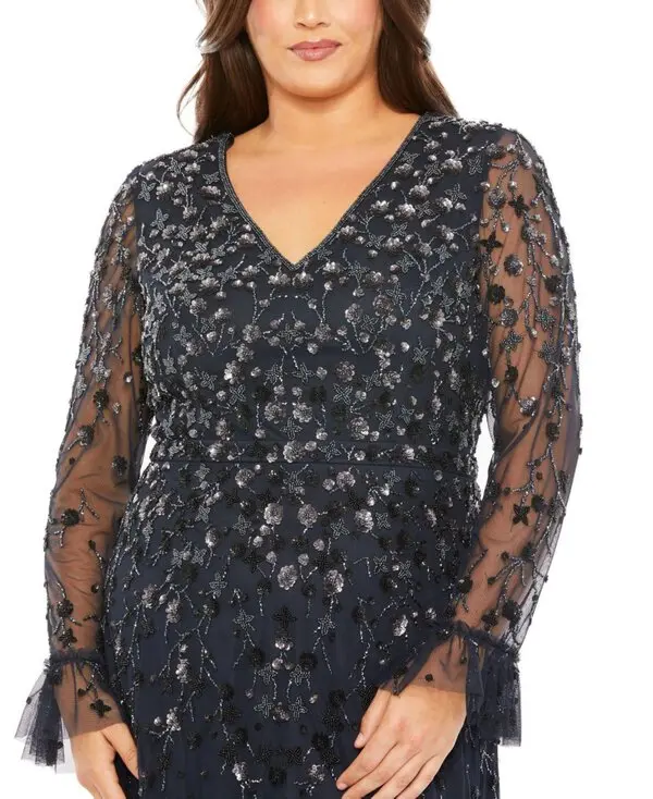 Mac Duggal Plus V-neck Embellished Gown With Long Flutter Sleeves