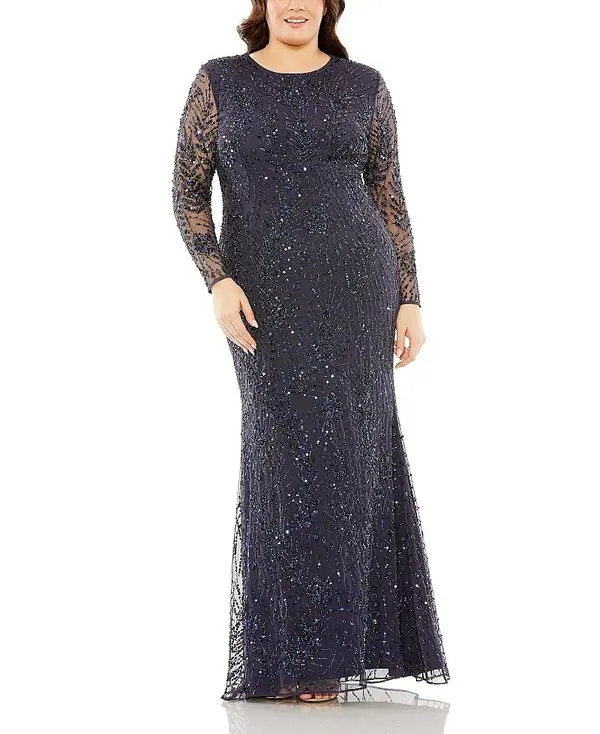 Mac Duggal Long Sleeve Mesh Embellished Gown