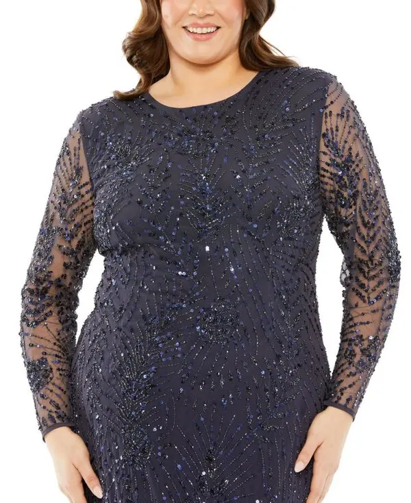 Mac Duggal Long Sleeve Mesh Embellished Gown