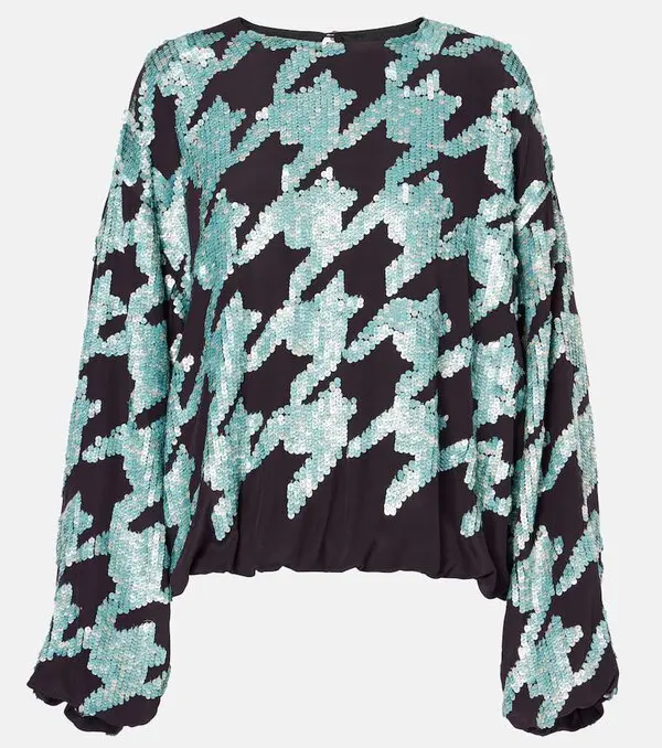 Dries Van Noten Sequined Houndstooth Silk Sweatshirt - Blue