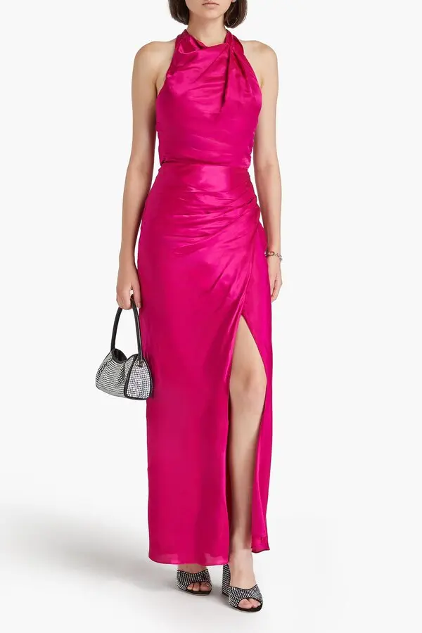 NICHOLAS Draped Satin Halterneck Maxi Dress - Magenta