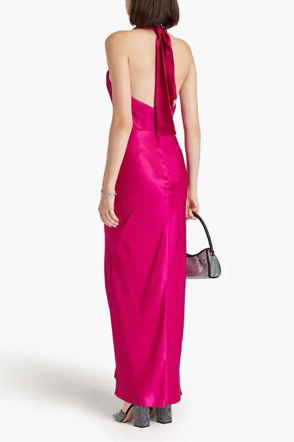 NICHOLAS Draped Satin Halterneck Maxi Dress - Magenta
