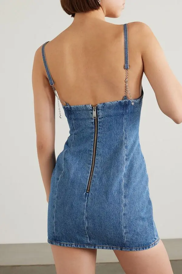 AREA Crystal-embellished Polka Dot Denim Mini Dress - Mid Denim