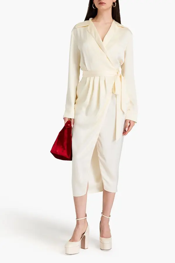 cream satin wrap dress Ivory Silk Satin True Wrap Maxi Dress Long Sleeves for Courthouse Wedding or Elopement
