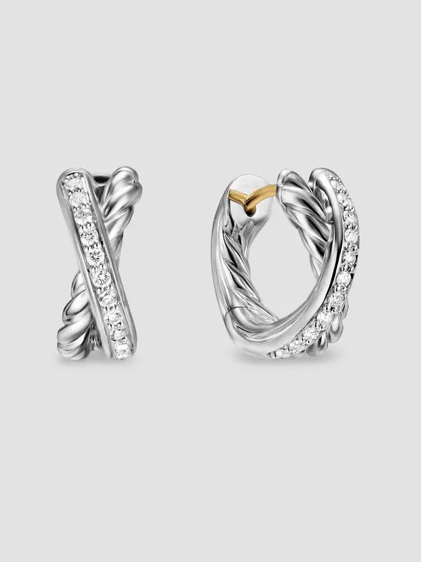 David Yurman Crossover Huggie Hoop Earrings In Sterling Silver With Diamonds, 12.4mm - Diamond