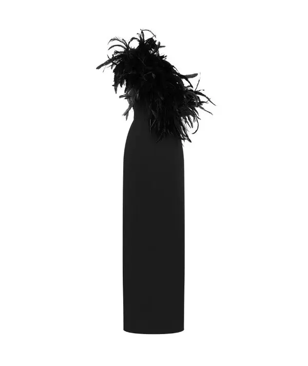 Dolce & Gabbana Long One-shoulder Stretch Cady Dress With Feathered Neckline