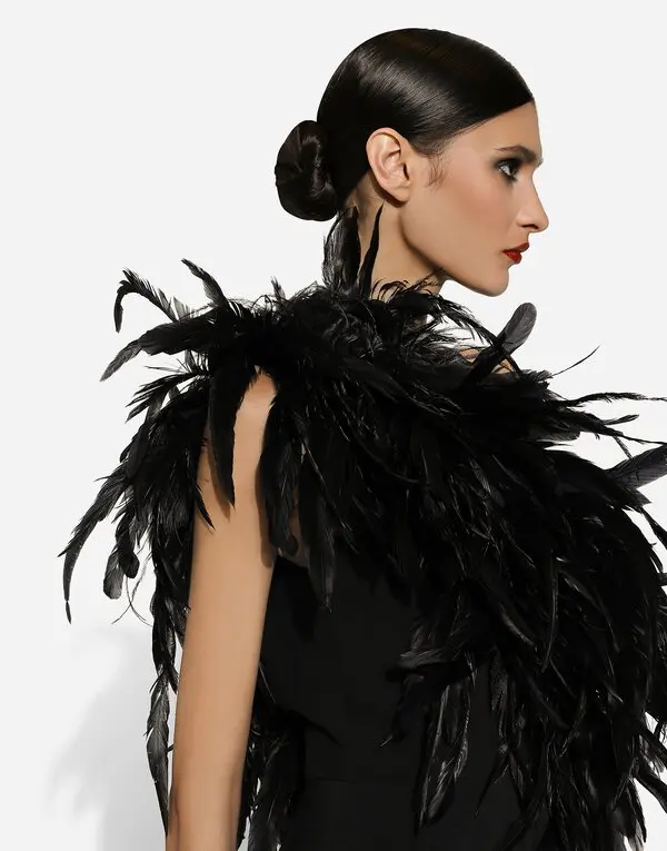 Dolce & Gabbana Long One-shoulder Stretch Cady Dress With Feathered Neckline