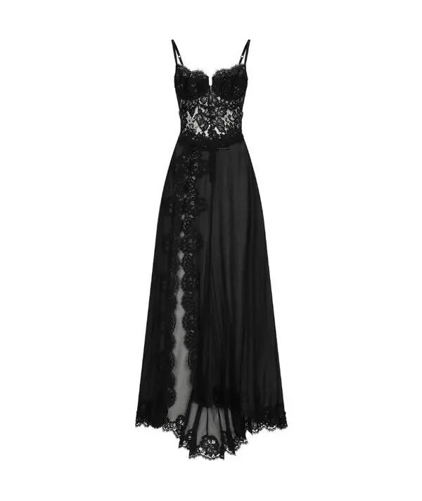 Dolce & Gabbana Long Silk Chiffon And Chantilly Lace Slip Dress - Black