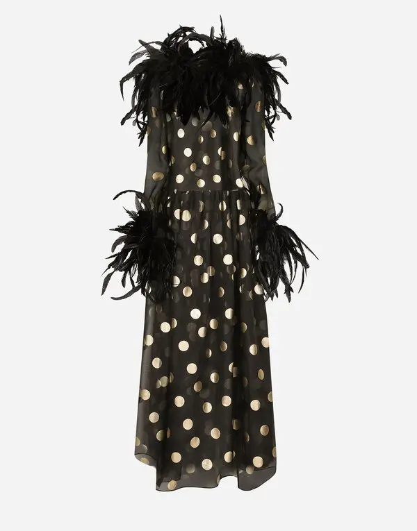 Dolce & Gabbana Long Polka-dot Silk Organza Dress With Feathered Details
