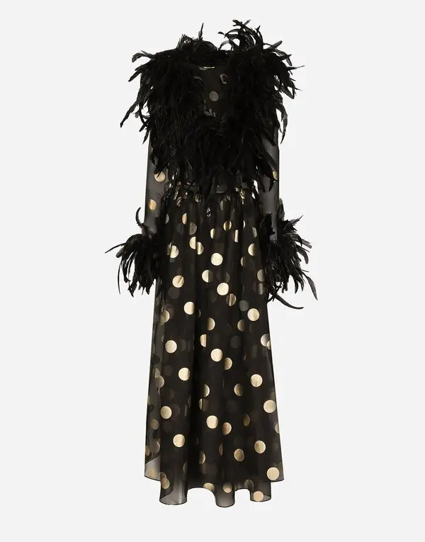 Dolce & Gabbana Long Polka-dot Silk Organza Dress With Feathered Details