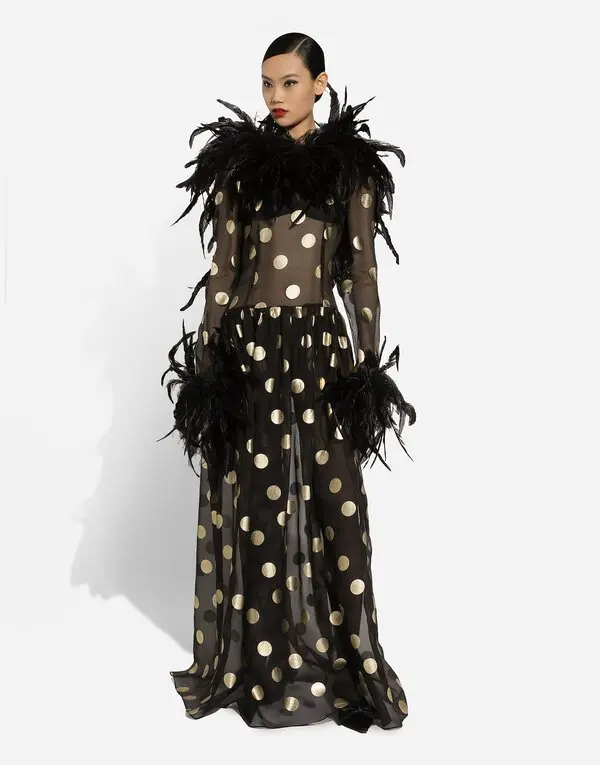 Dolce & Gabbana Long Polka-dot Silk Organza Dress With Feathered Details