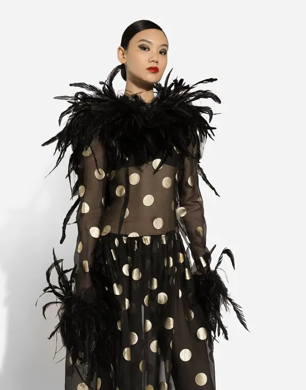Dolce & Gabbana Long Polka-dot Silk Organza Dress With Feathered Details