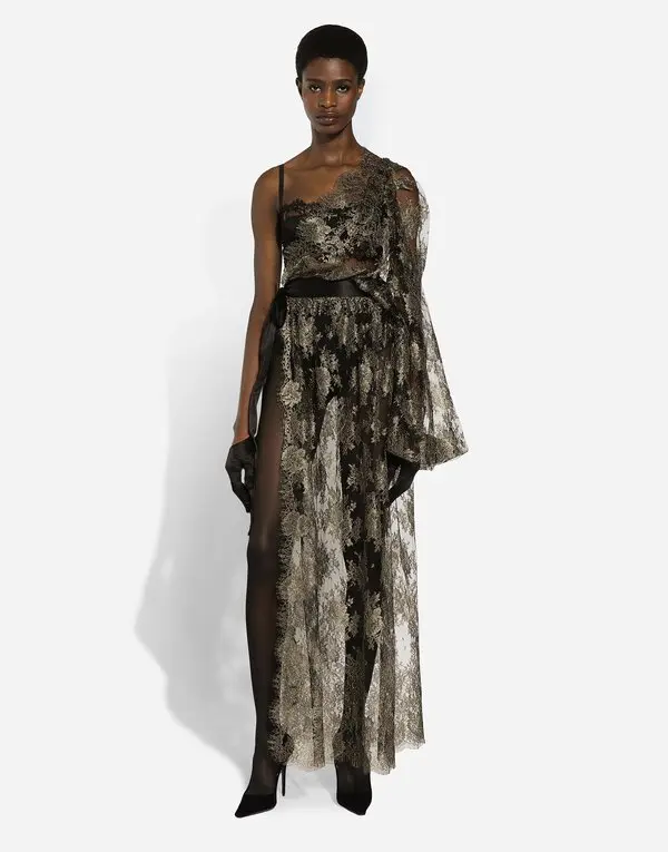 Dolce & Gabbana One-shoulder Lamé Chantilly Lace Dress