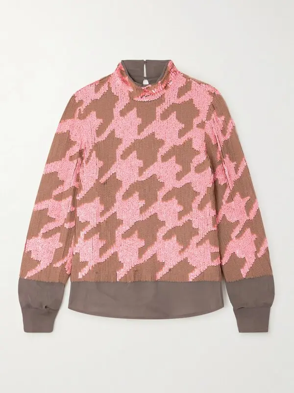 Dries Van Noten Sequined Houndstooth Chiffon Blouse