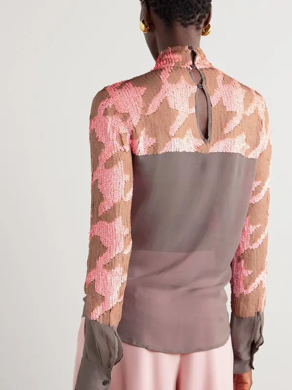 Dries Van Noten Sequined Houndstooth Chiffon Blouse