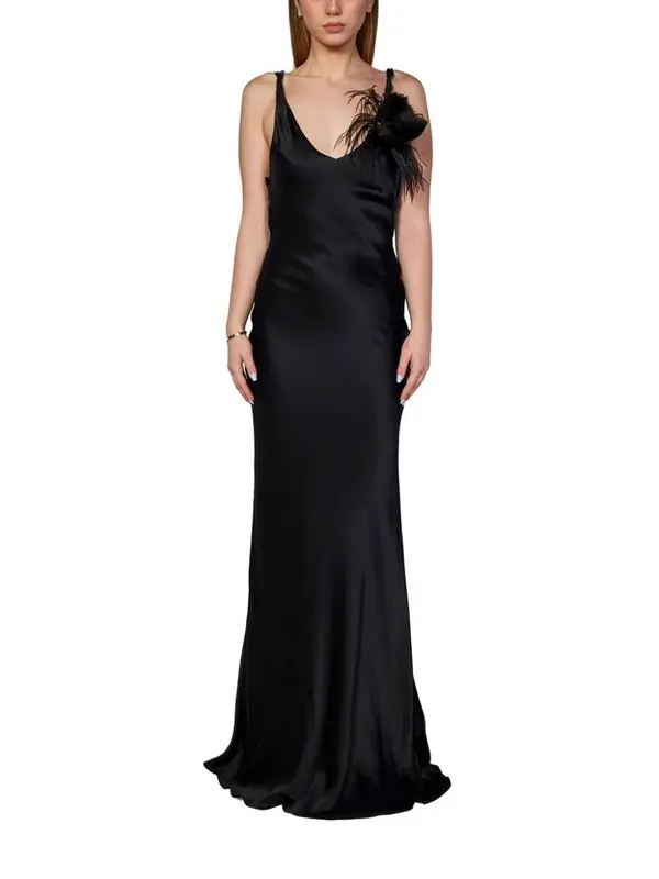 ROOM76 Rose-appliqué Satin Maxi Dress
