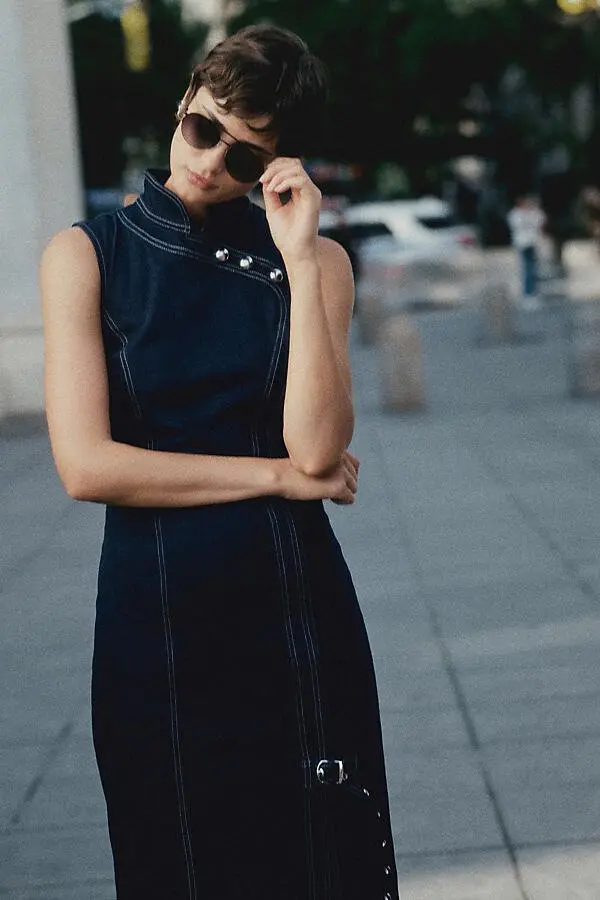 porridge denim dress Porridge Short-Sleeve Collared Slim Midi Dress